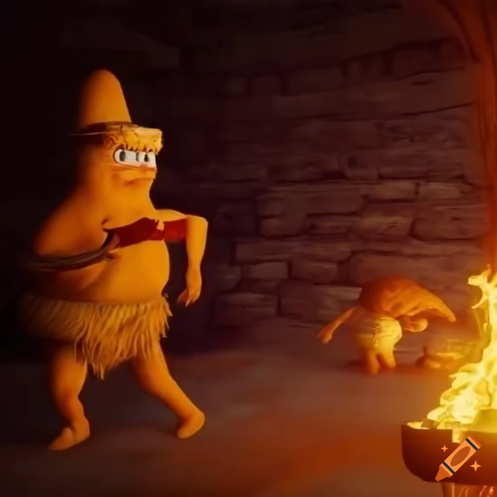 Spongebob squarepants and caveman dancing around the fire in unreal engine 5 on Craiyon