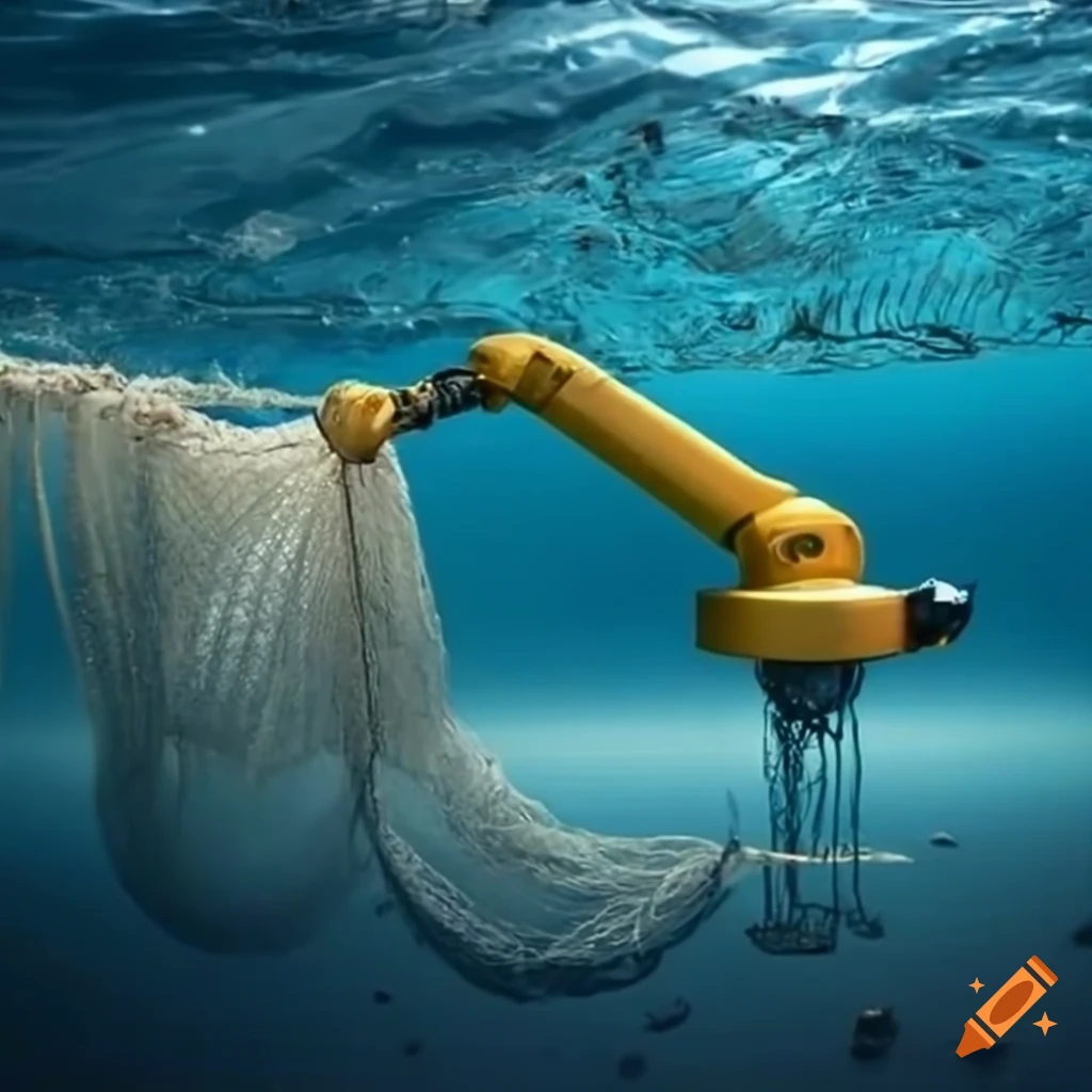 Robotic arm cleaning discarded items from the ocean on Craiyon