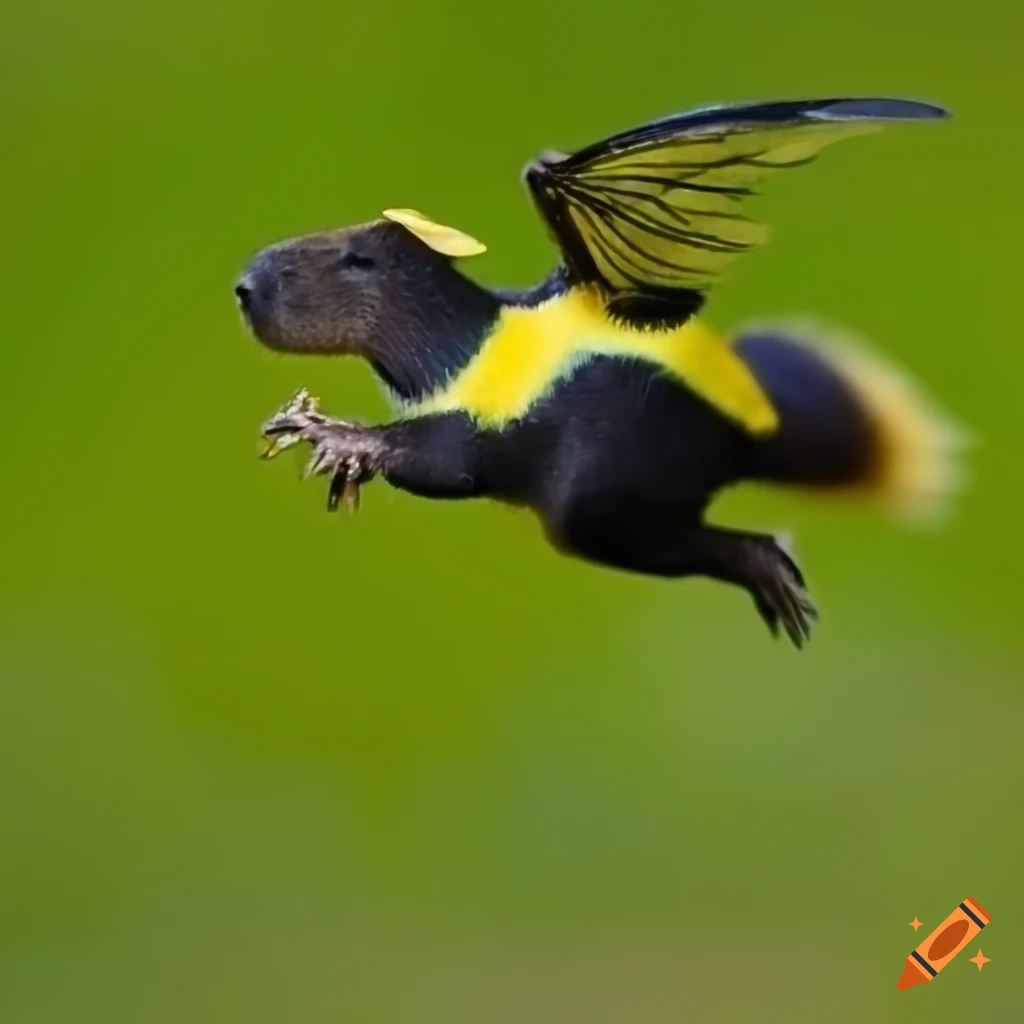 Facetted bee eyes on a flying capybara in black and yellow on Craiyon
