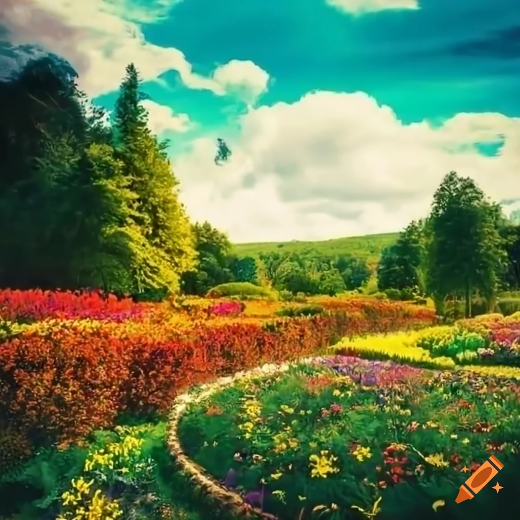 Peaceful grove of trees surrounded by colorful flowers on a sunny day ...