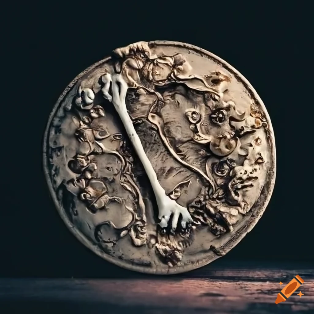 Fantasy masterful coin made of white bones on an old table on Craiyon