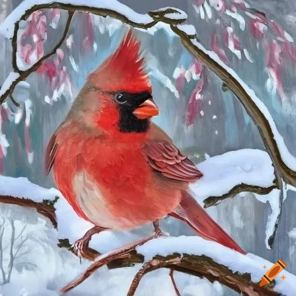 Male and female cardinal birds on snowy tree branch in front of a ...