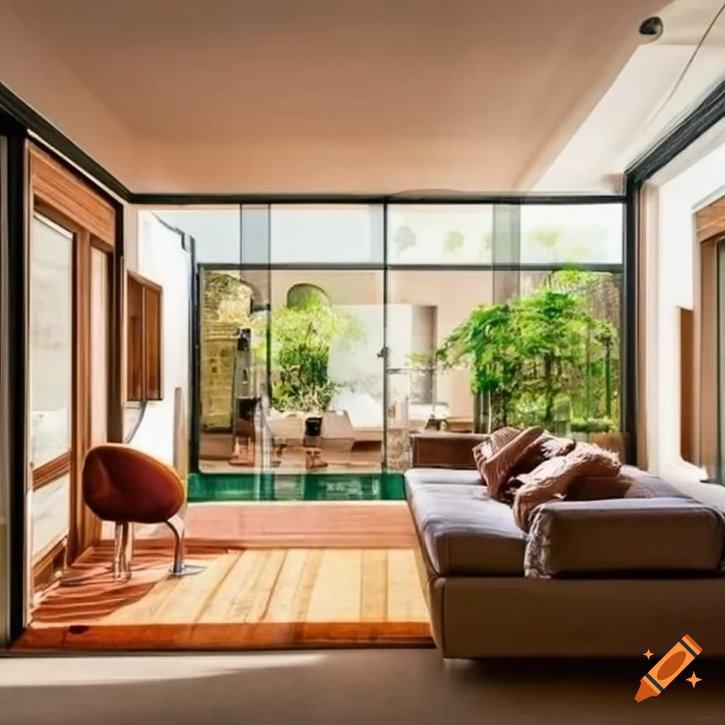 Modern spanish villa living room with high ceilings and glass doors on ...