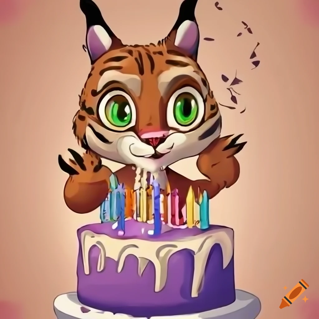 Cartoon lynx holding a birthday cake on Craiyon