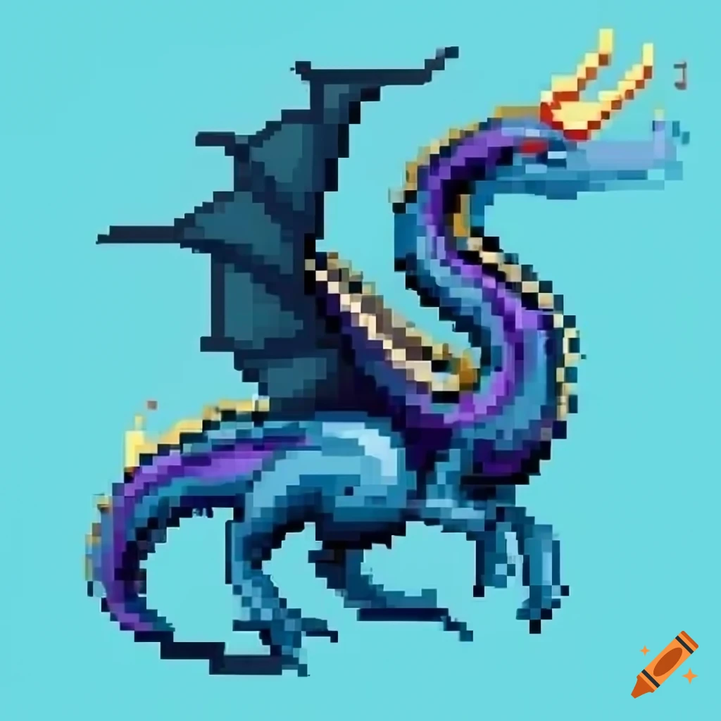 Pixel art of a blue serpent beaked dragon on Craiyon