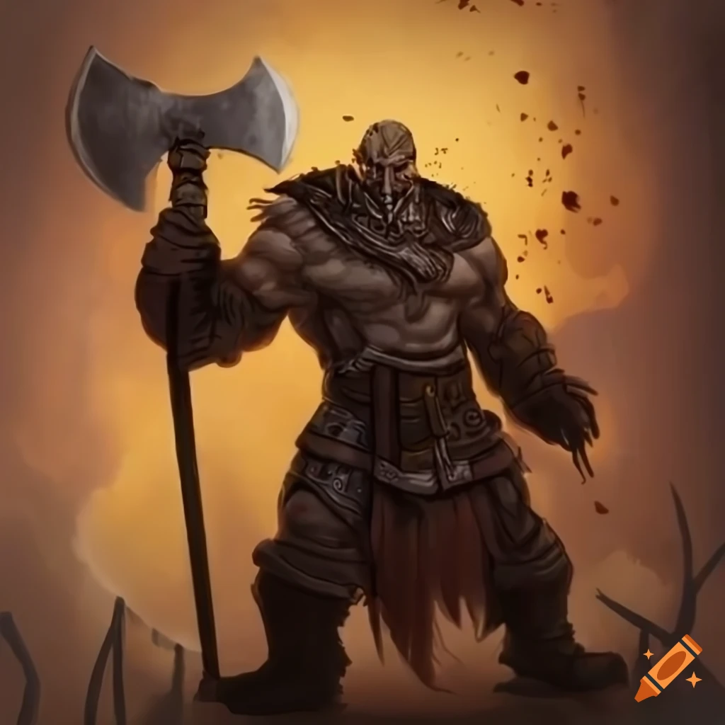 Goliath warrior wielding a great axe in a fantasy setting on Craiyon