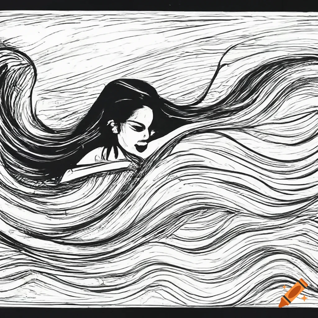 Woman swimming in the ocean with long flowing hair in a black and white ...