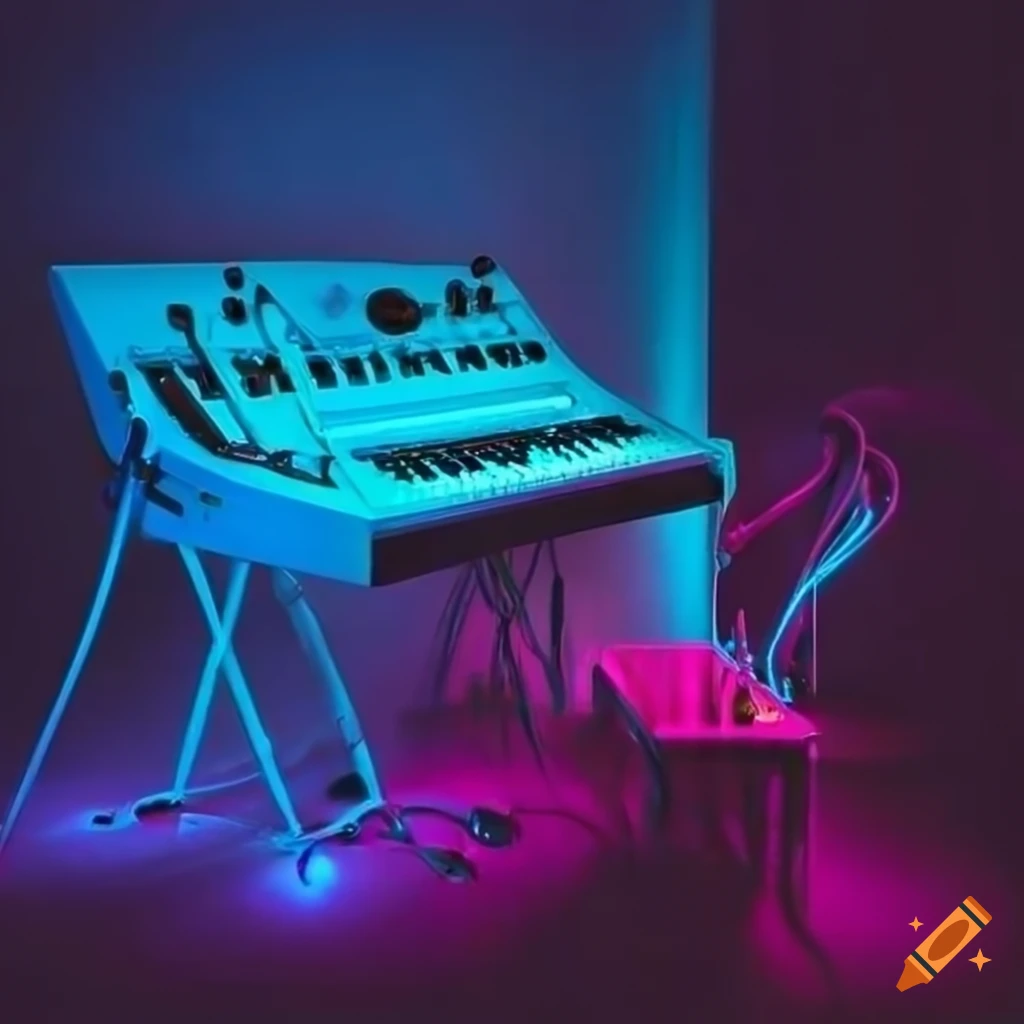 Misty retro synthesizer with neon cyan and magenta colors and light on ...