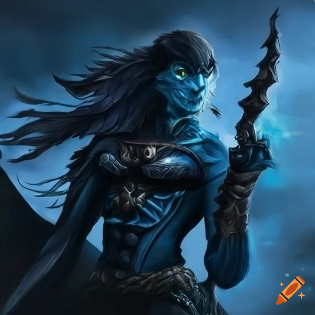 Blue raven humanoid ranger in a fantasy setting on Craiyon