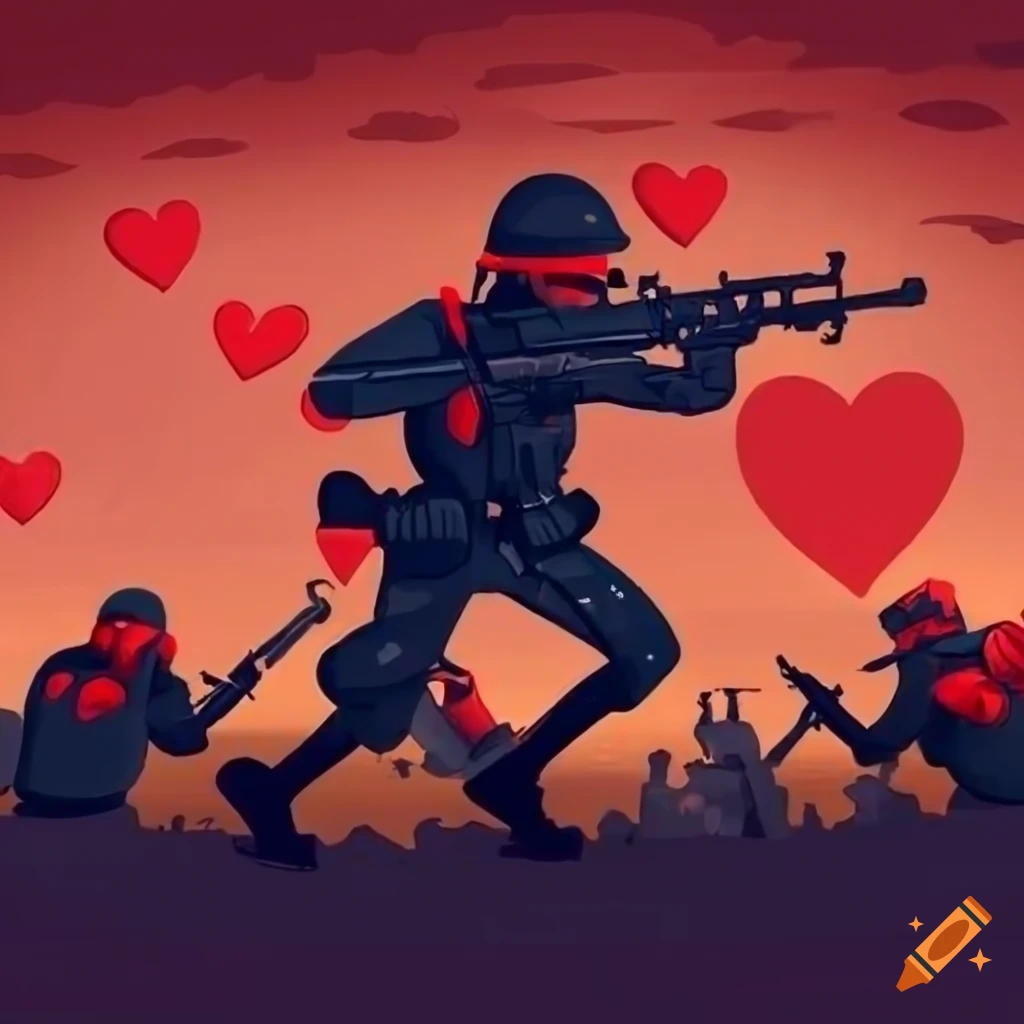 Cartoon army soldiers fighting heart shape soldiers on a destroyed ...
