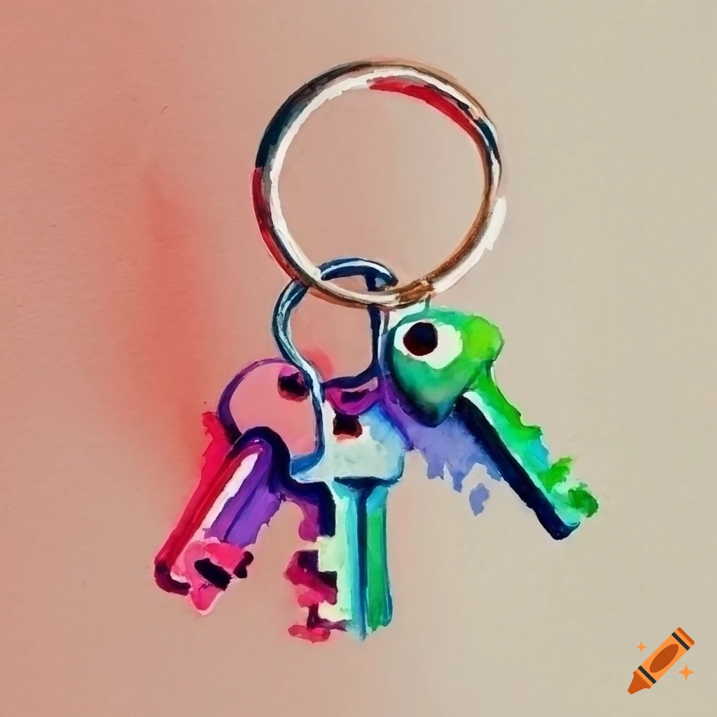 Watercolor painting of keys on a key chain on Craiyon