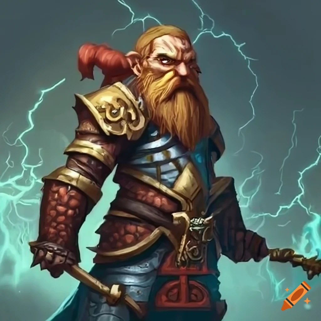Dwarven wizard casting a lightning spell with a spear in armor on Craiyon