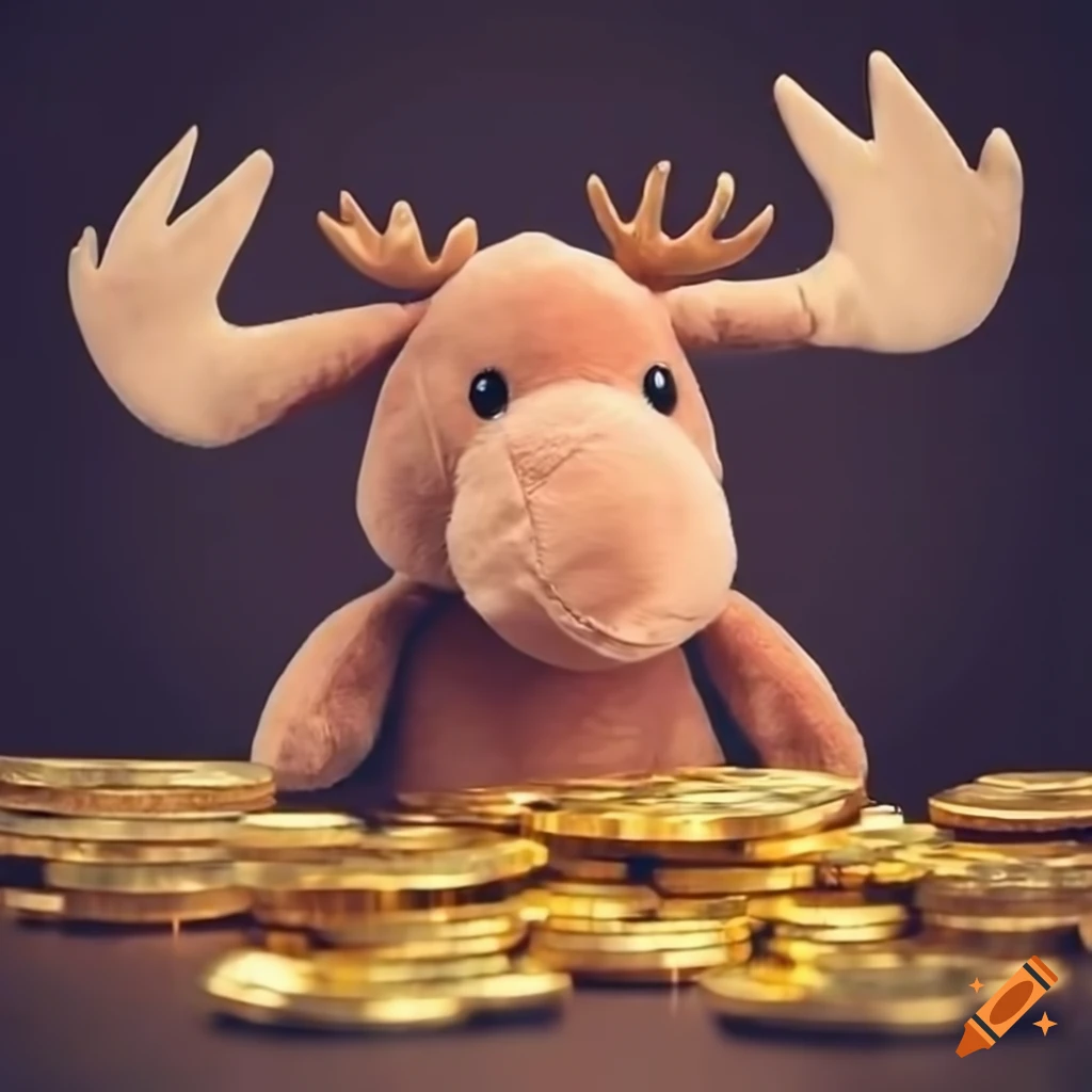 Plushie moose with a pile of gold coins on Craiyon