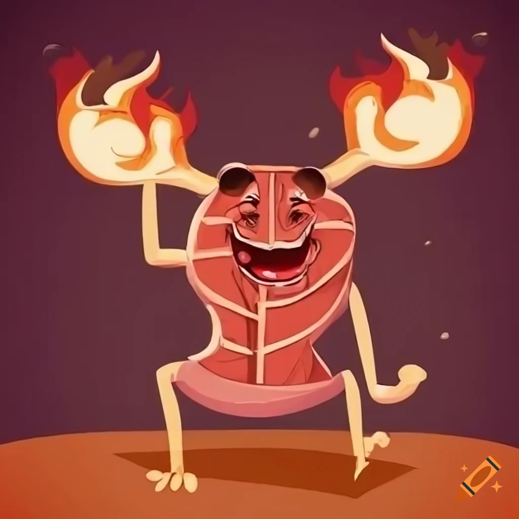 Happy t-bone steak dancing on grill in a carnival-themed setting on Craiyon