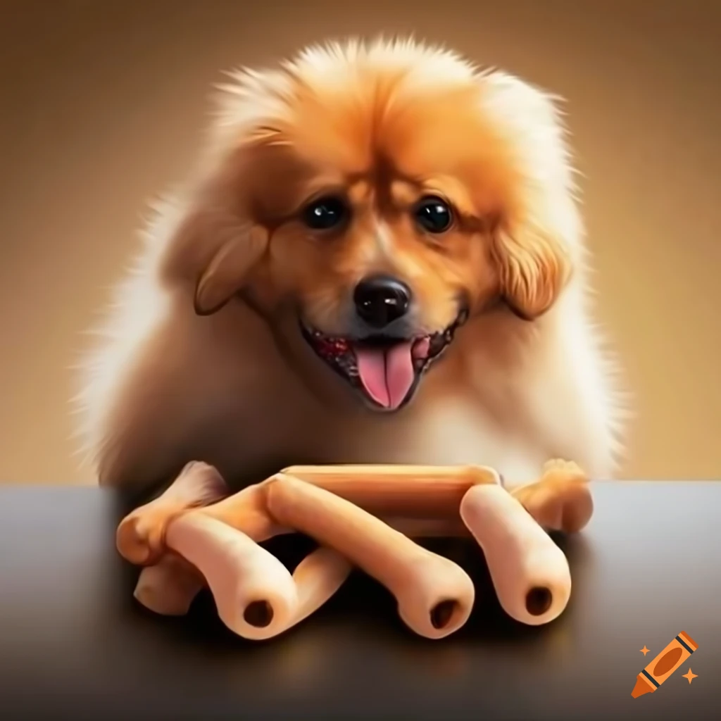 Super fluffy dog playing with a bone with another cute dog on Craiyon