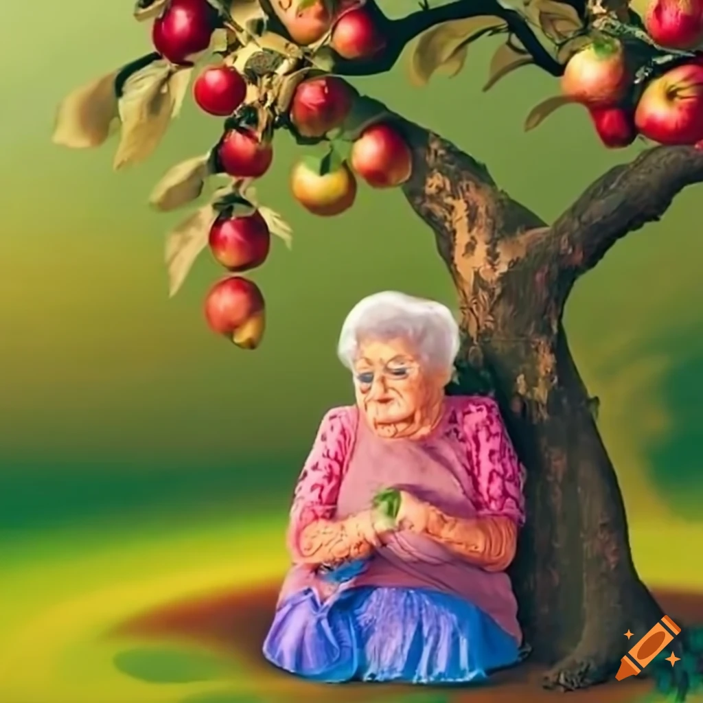 Grandma sitting in an apple tree on Craiyon