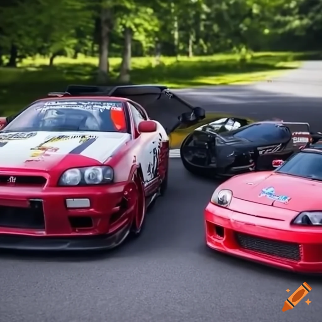 Nissan GTR R34 and Toyota Supra racing on Craiyon
