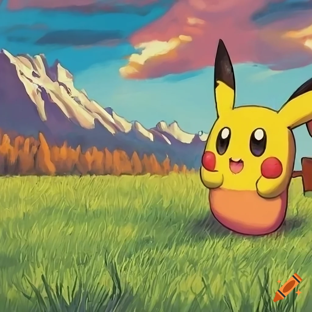 Kirby and pikachu in a grassfield with mountains in the background oil ...