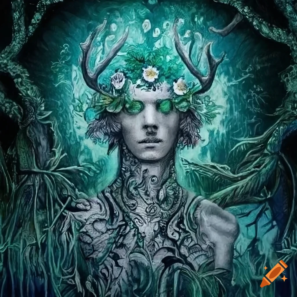 Vibrant pencil drawing of a forest spirit with antlers and vibrant ...