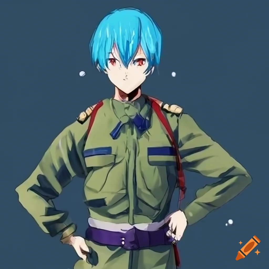 Blue-haired anime boy in soldier uniform on Craiyon