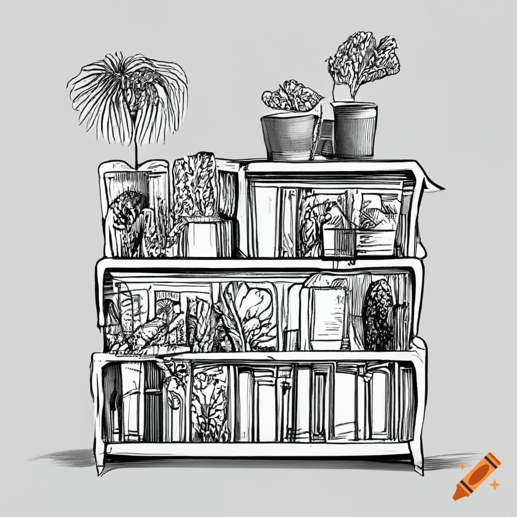Intricate black and white line drawing of a bookshelf with books and ...