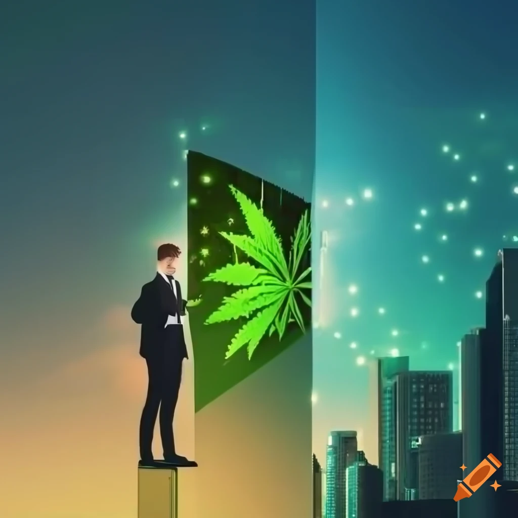 Modern businessman in green weed dispensary logo with city lights in ...