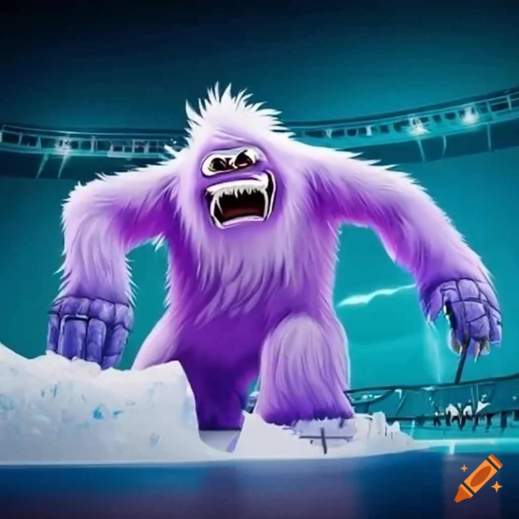 Light purple yeti playing hockey in an ice rink on Craiyon
