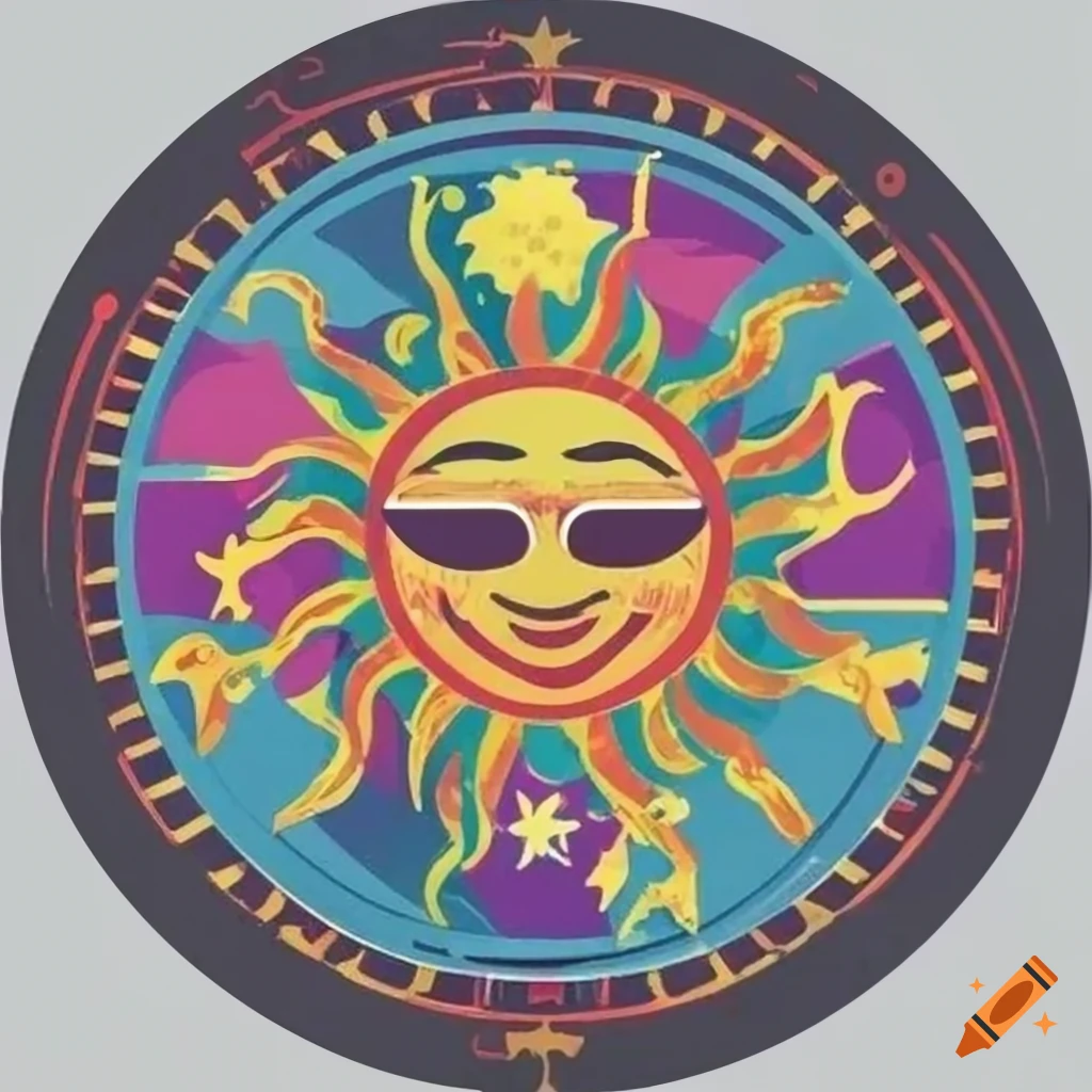 Smiling celestial vintage sun with colorful wavy sunrays on Craiyon