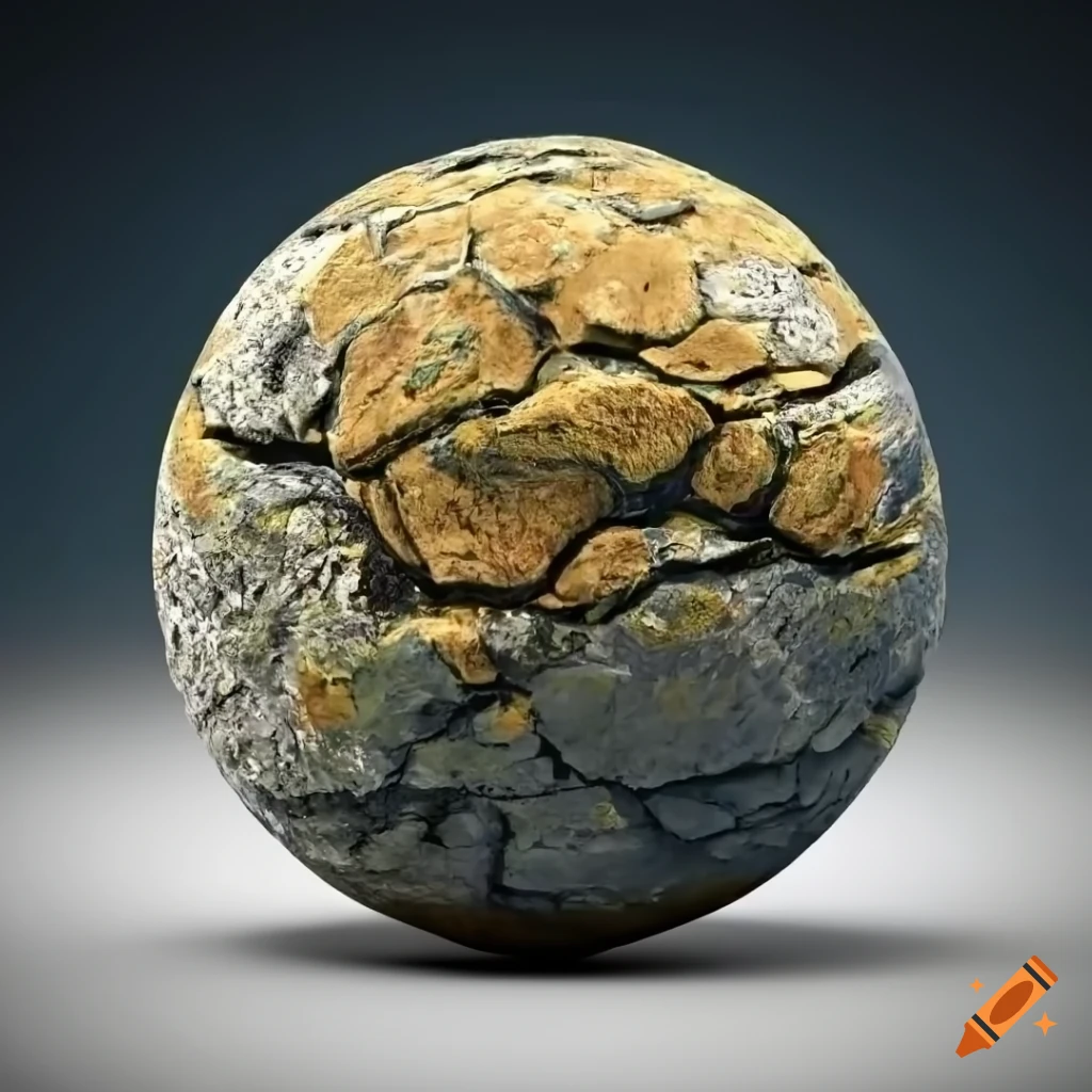 3D render of a textured rock sphere with cracks and moss on Craiyon