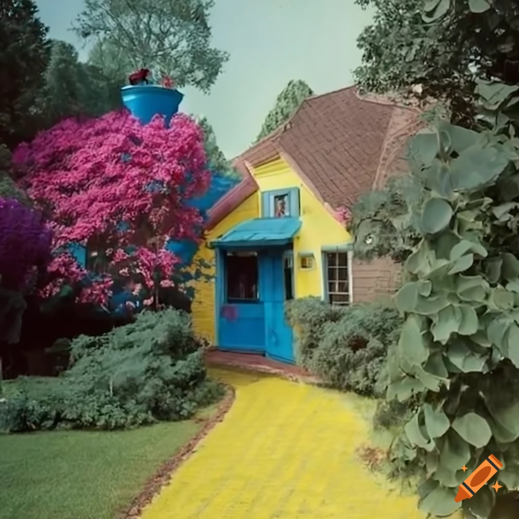 Luxurious 1950s home with yellow brick path and eucalyptus trees in full bloom on Craiyon