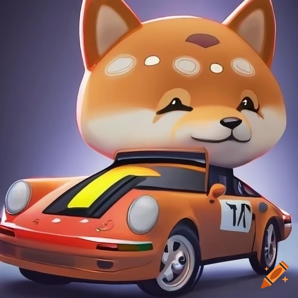 Cartoon shiba inu racing a porsche 911 on Craiyon