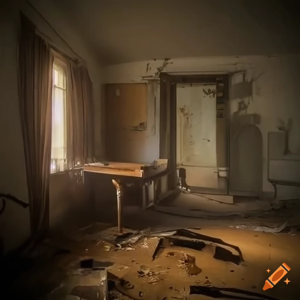 Endlessly long abandoned liminal office with a broken piano in golden ...