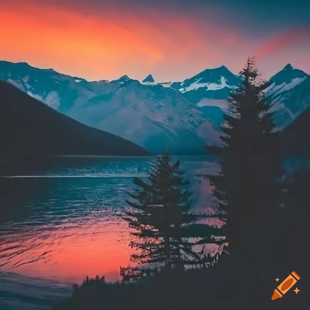 Log cabin in the mountains with a beautiful sunset on Craiyon