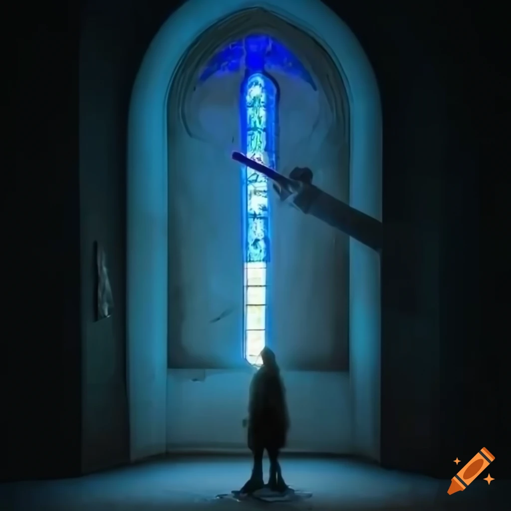 Epée en lévitation éclairée par un vitrail dans une chapelle ...