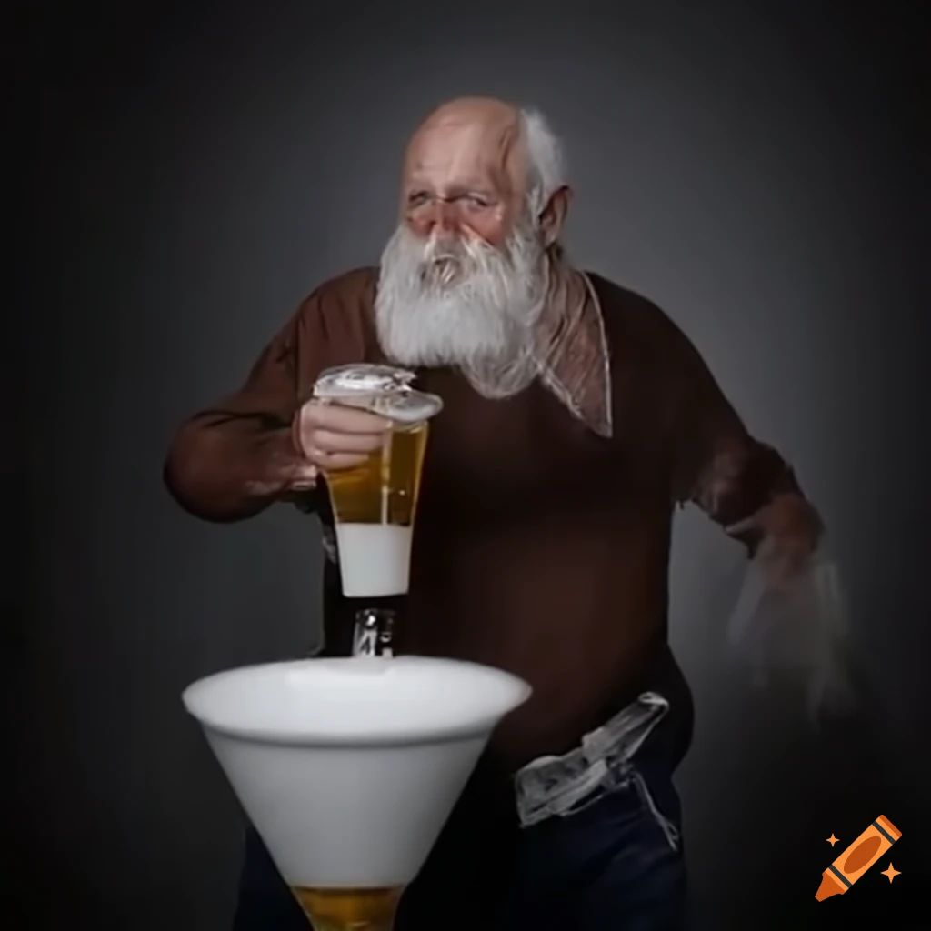 Elderly man having fun with a beer funnel at a retirement home party on ...