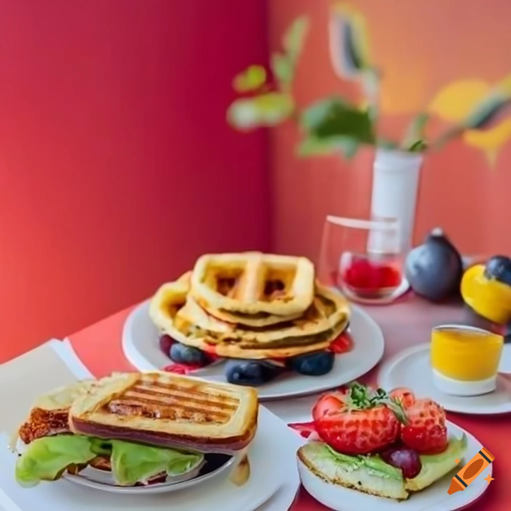 Belgian breakfast table with waffles and sandwiches on Craiyon