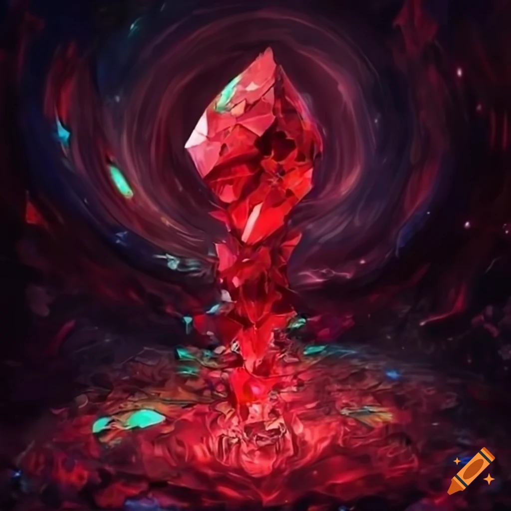 Red floating crystal in a dark abstract fantasy world on Craiyon