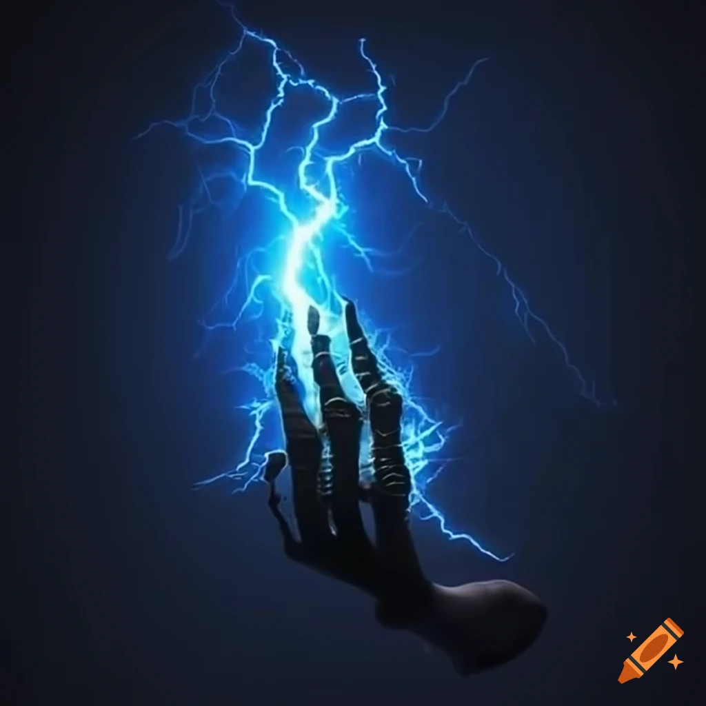 Skeletal hand reaching with blue lightning in darkness on Craiyon