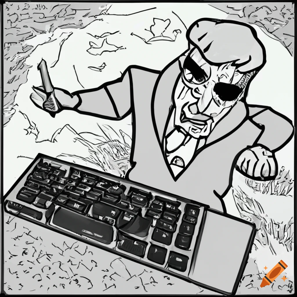 Cartoon man using a purple hammer to type on a keyboard on Craiyon