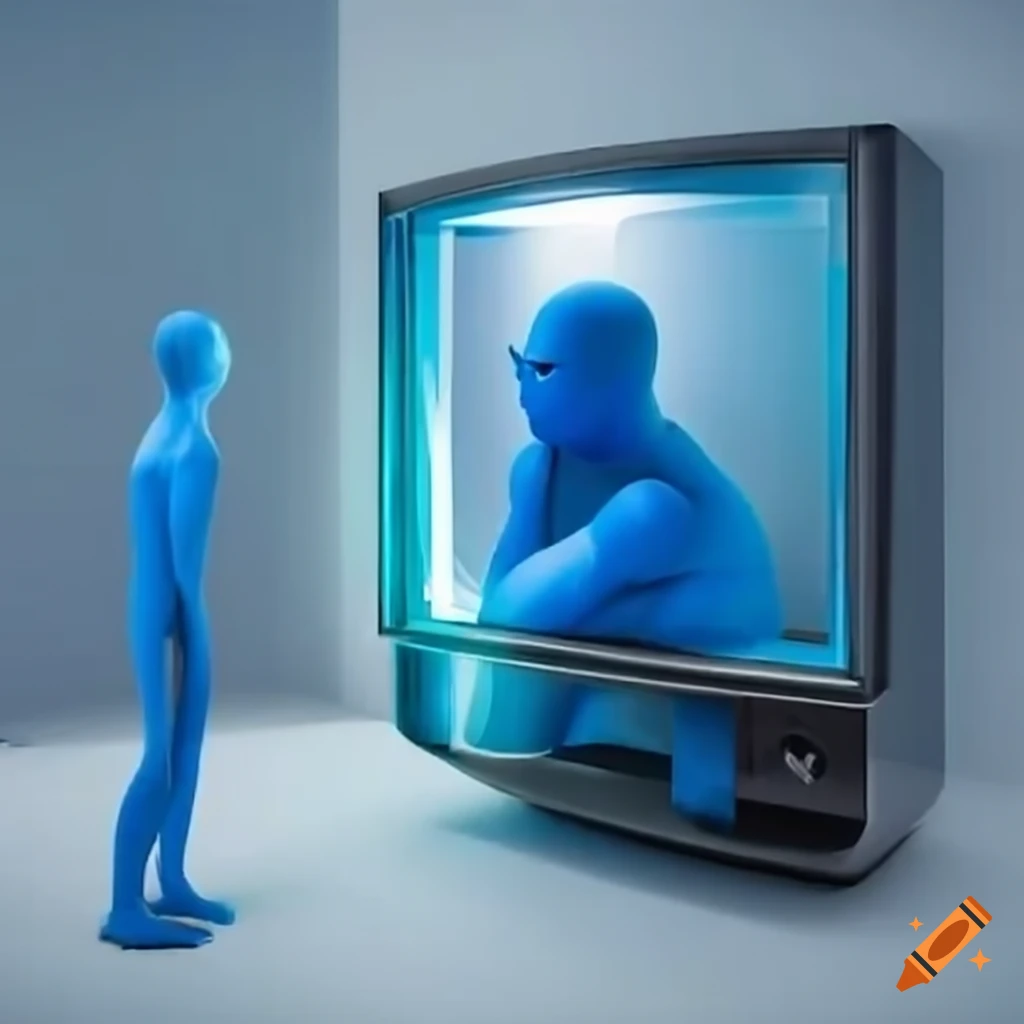Blue man turning on a tv in a futuristic white room on Craiyon