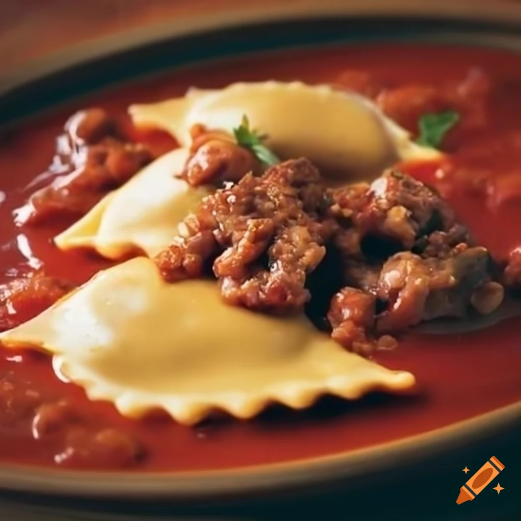 Whole grain ravioli with meat and tomato sauce on Craiyon