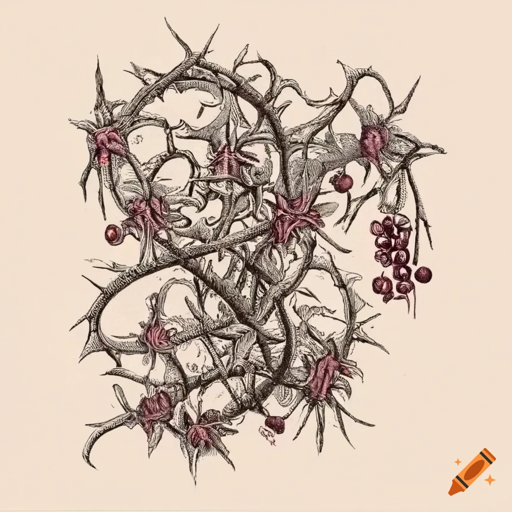 Detailed medieval engraving of tangled vines, thorns, and morning glory ...