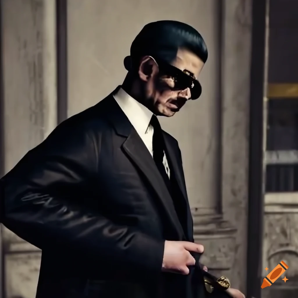 Middle-aged algerian mafia character in sharp black suit with mustache ...