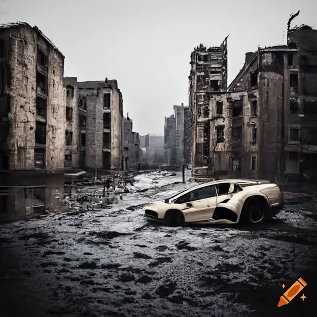 Desolate area with abandoned city, lamborghinis, and flowing lava on ...
