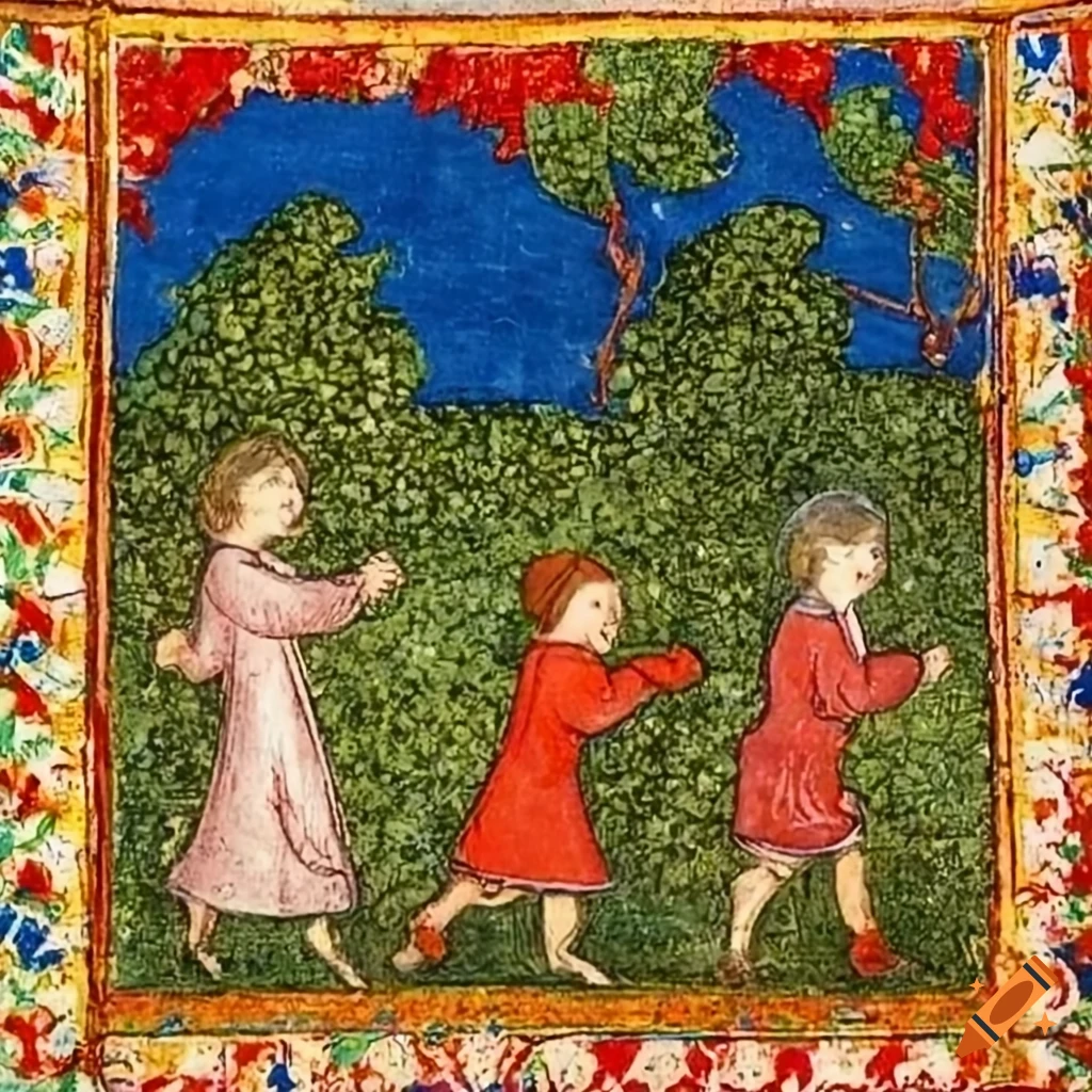 Medieval illumination of children running in a field of vines on Craiyon