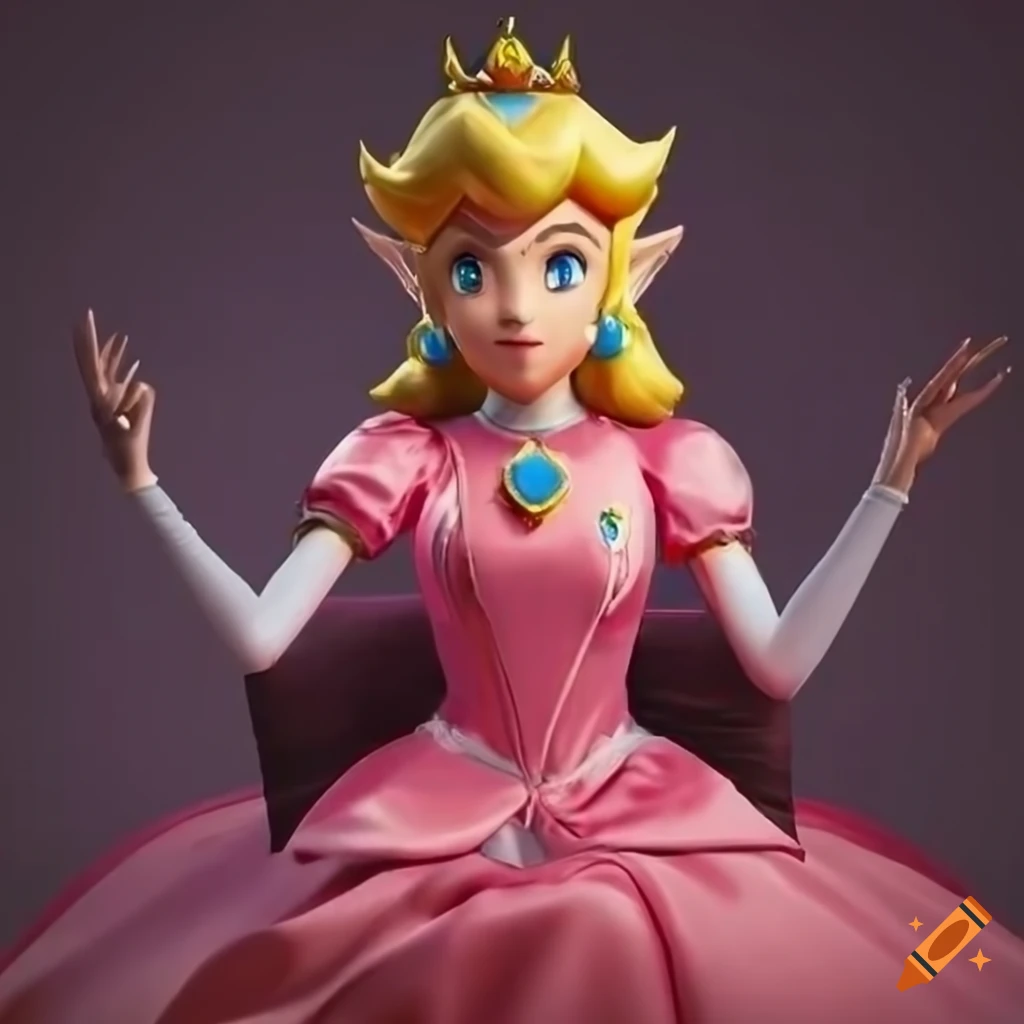 Link in princess Peach's silk ballgown sitting in studio photo on Craiyon
