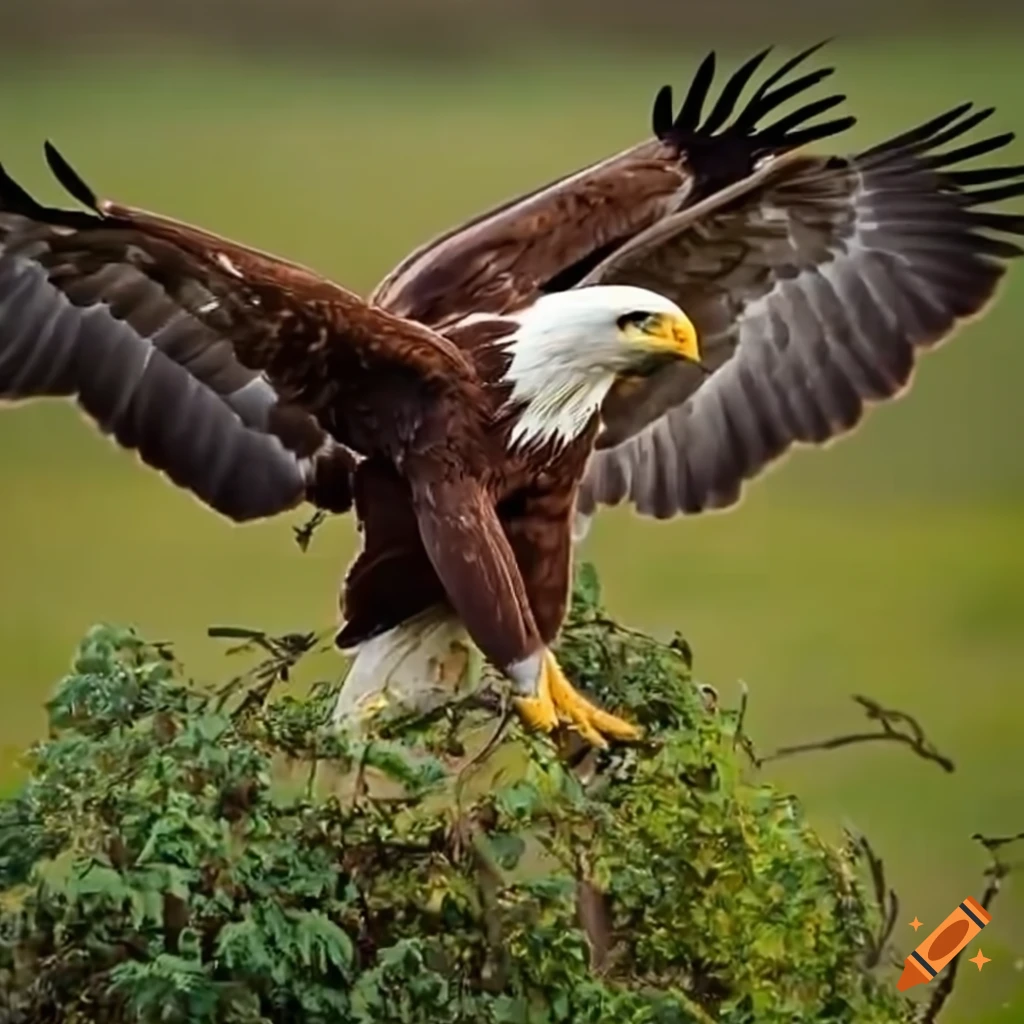 Eagle swooping to pick up a bush with its talons on Craiyon