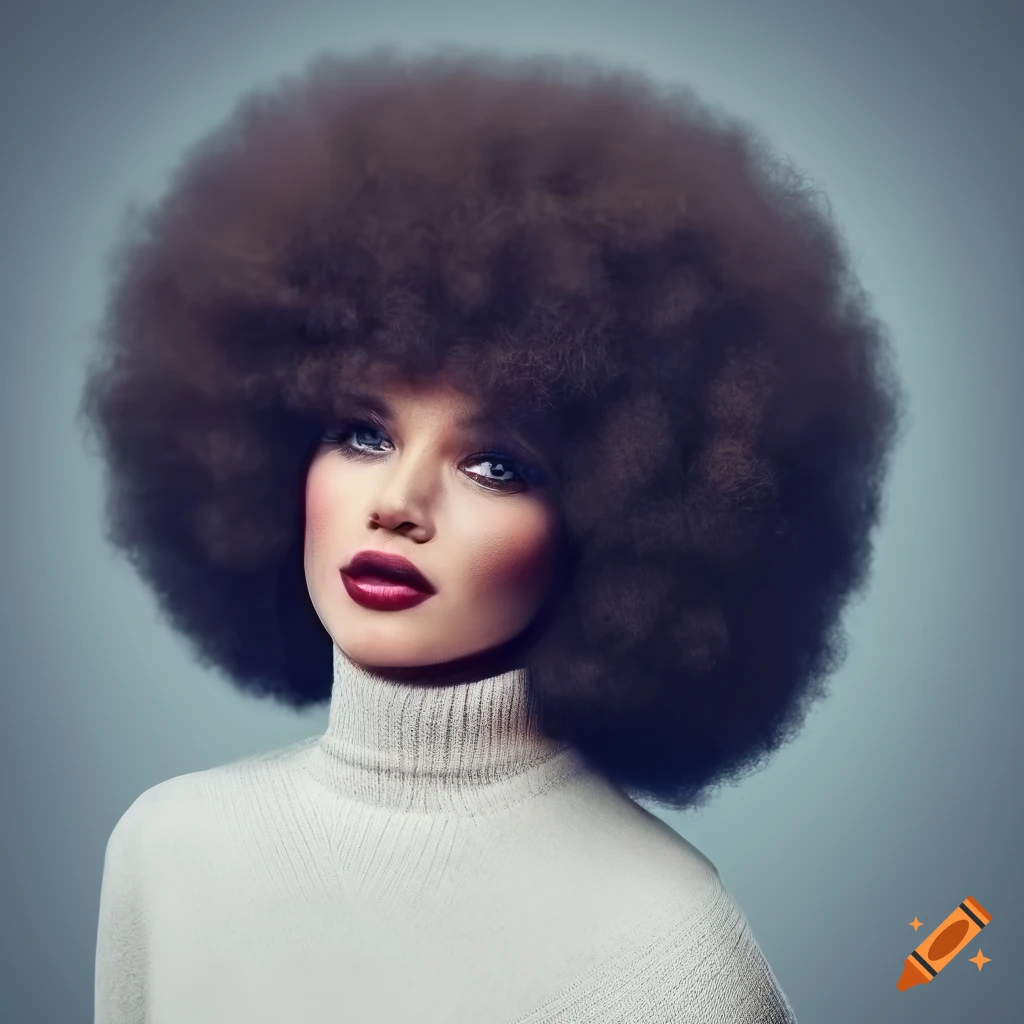 Beautiful woman with massive afro in white turtleneck sweater on Craiyon