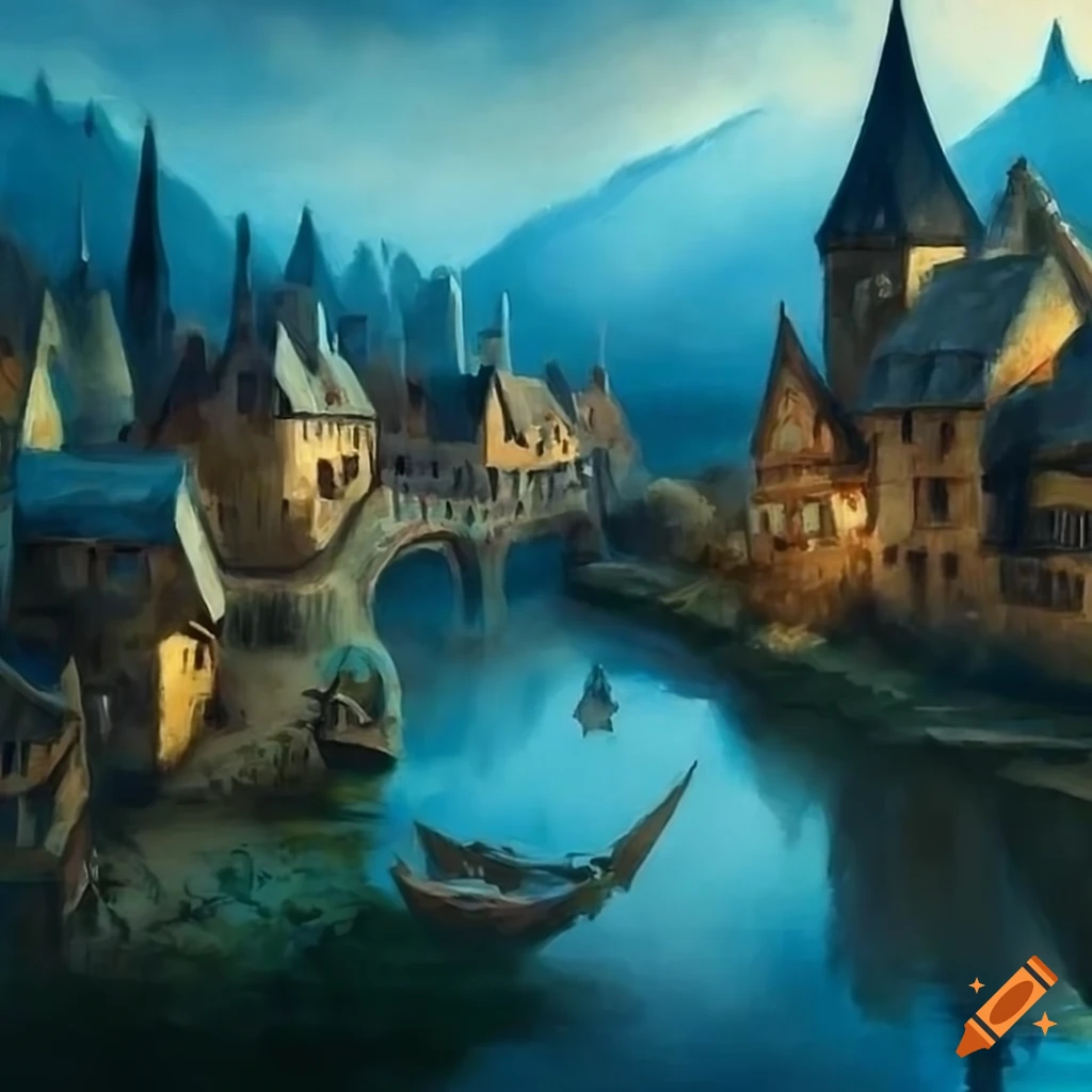 Wide shot of an elfique medieval town on the banks of a river in a ...