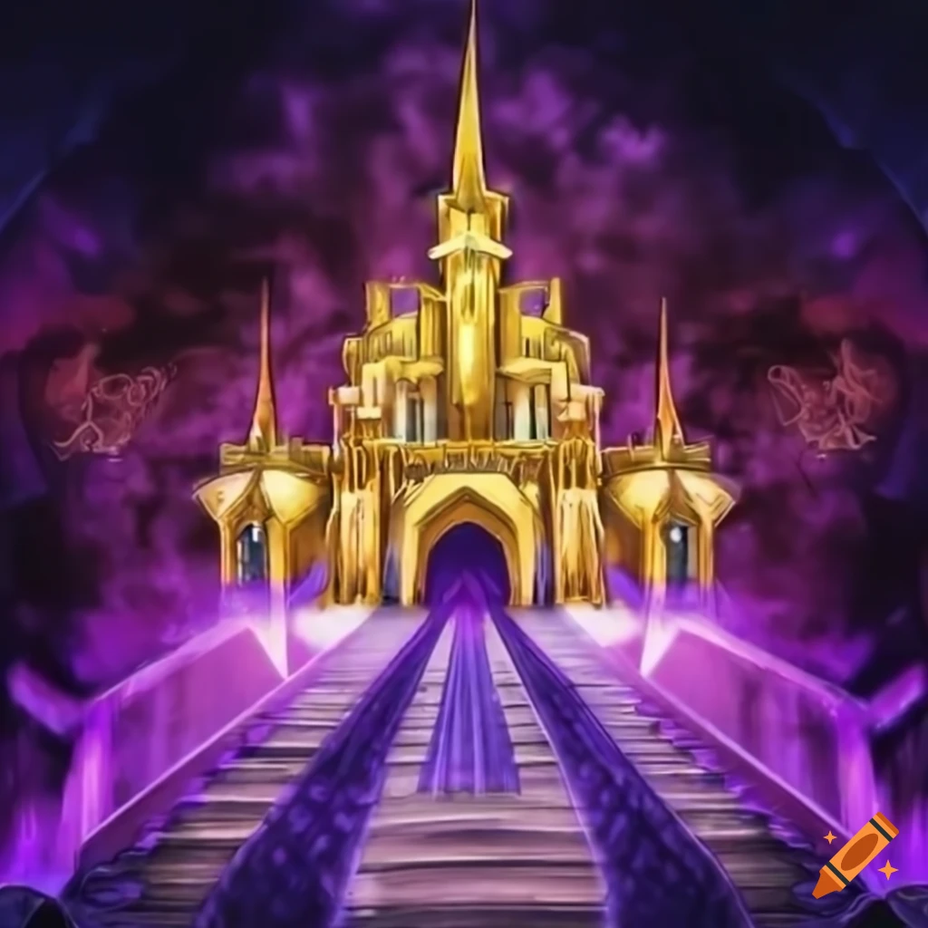 Golden castle surrounded by a golden city in purple flames in yugioh ...